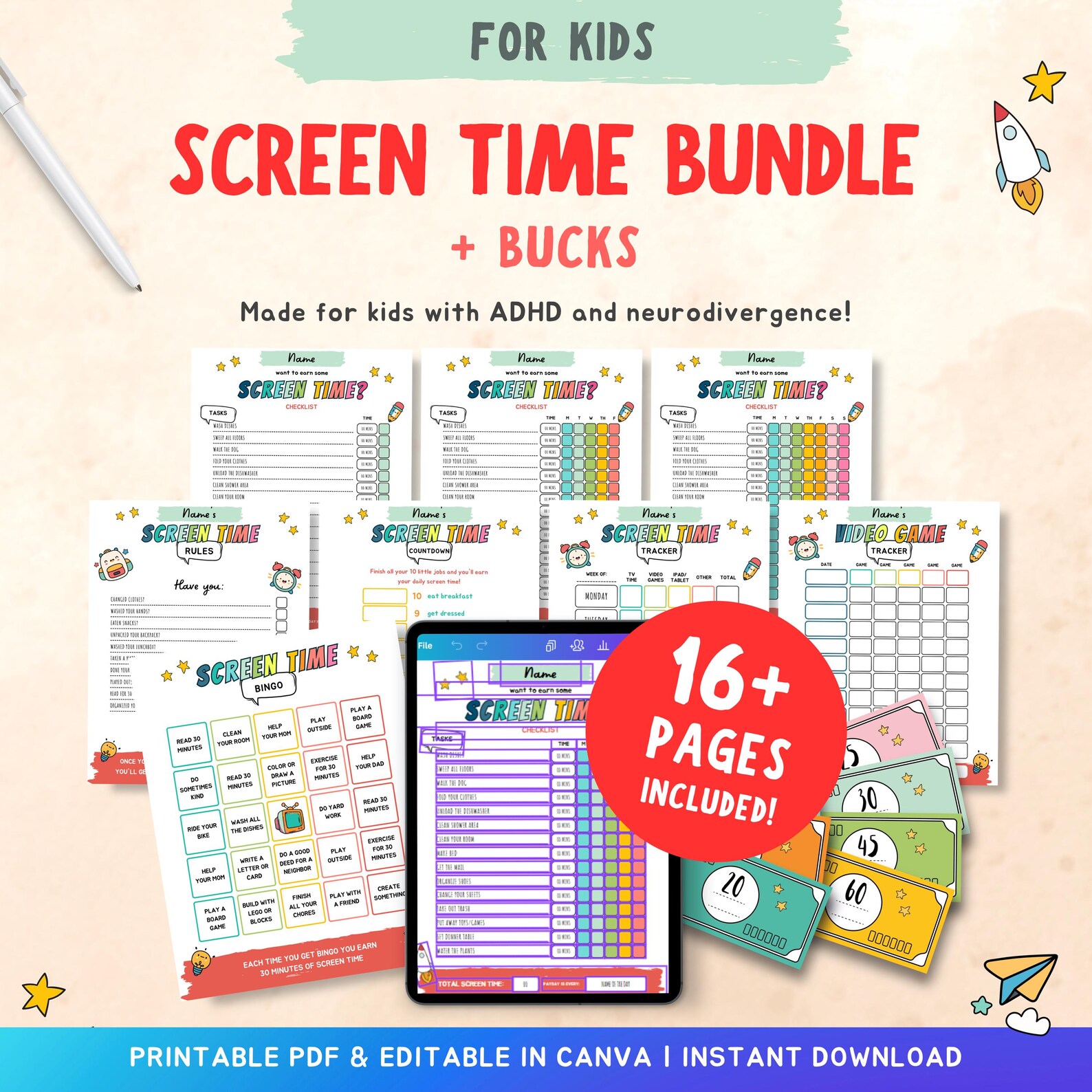 Editable Screen Time Chart With Reward Bucks, Printable Kids Screen ...