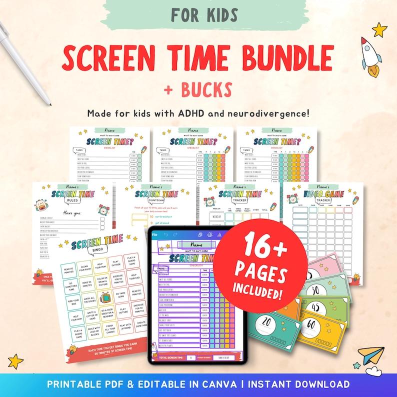 Editable Screen Time Chart With Reward Bucks, Printable Kids Screen ...