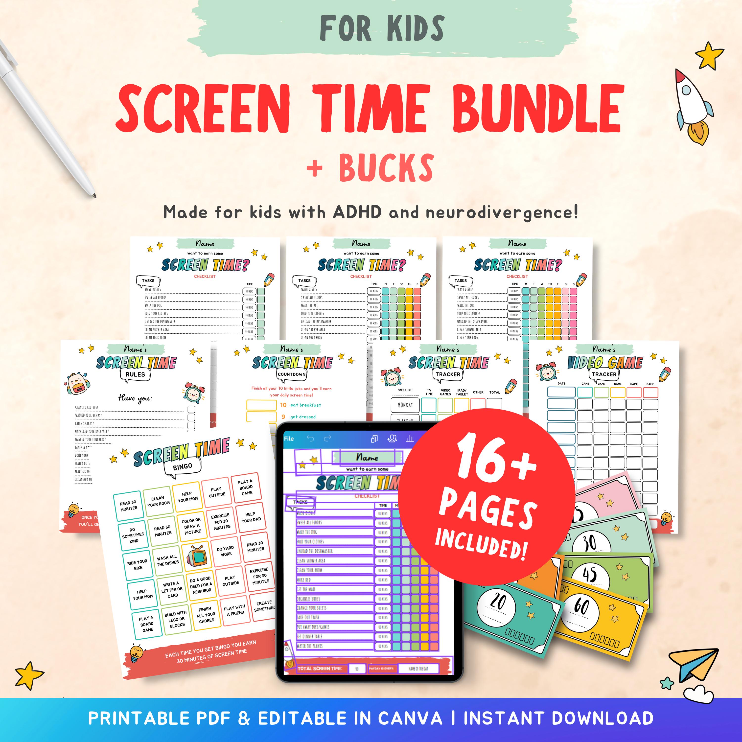 Editable Screen Time Chart With Reward Bucks, Printable Kids Screen ...