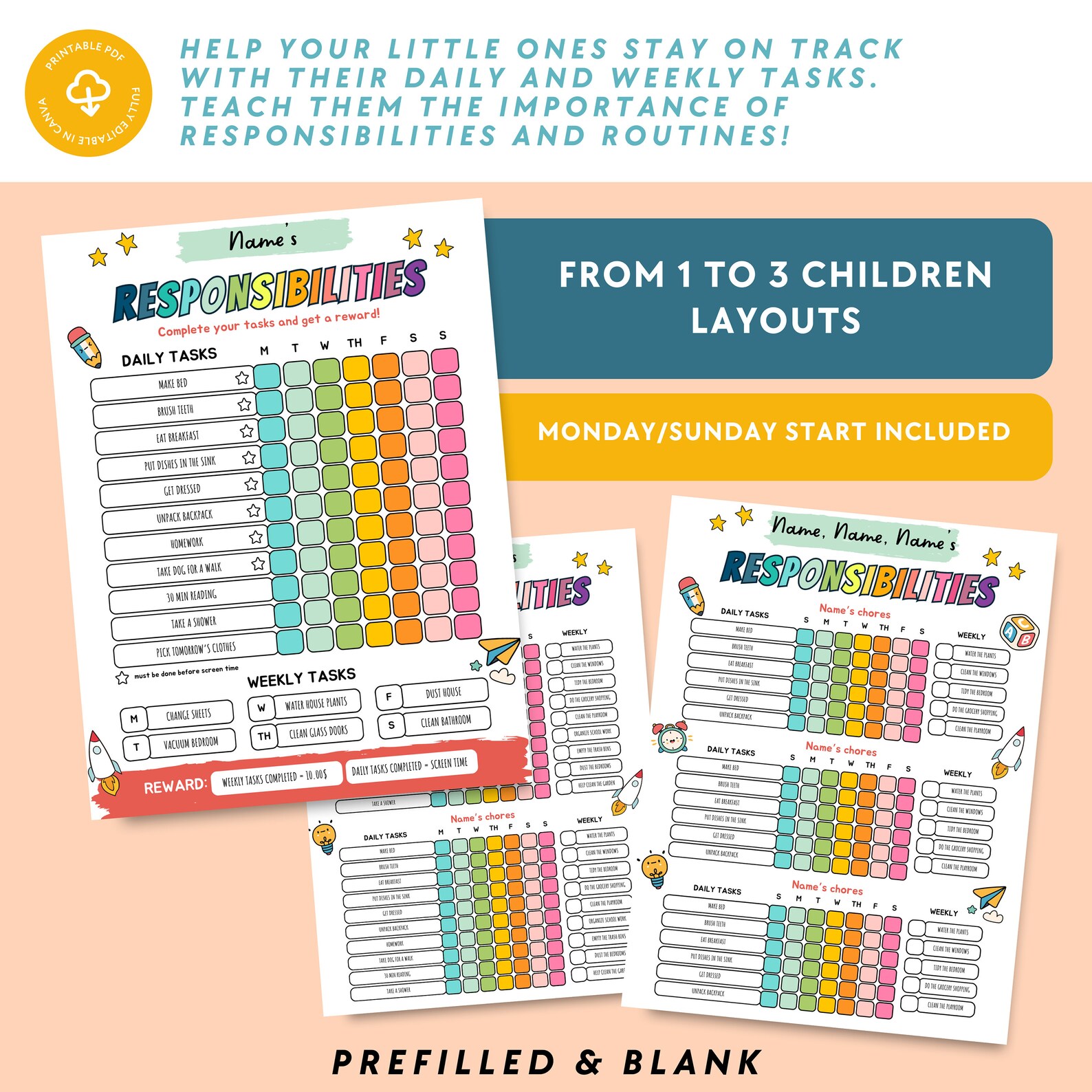 Editable Kids Chore Chart Multiple Kids Chore Chart - Etsy