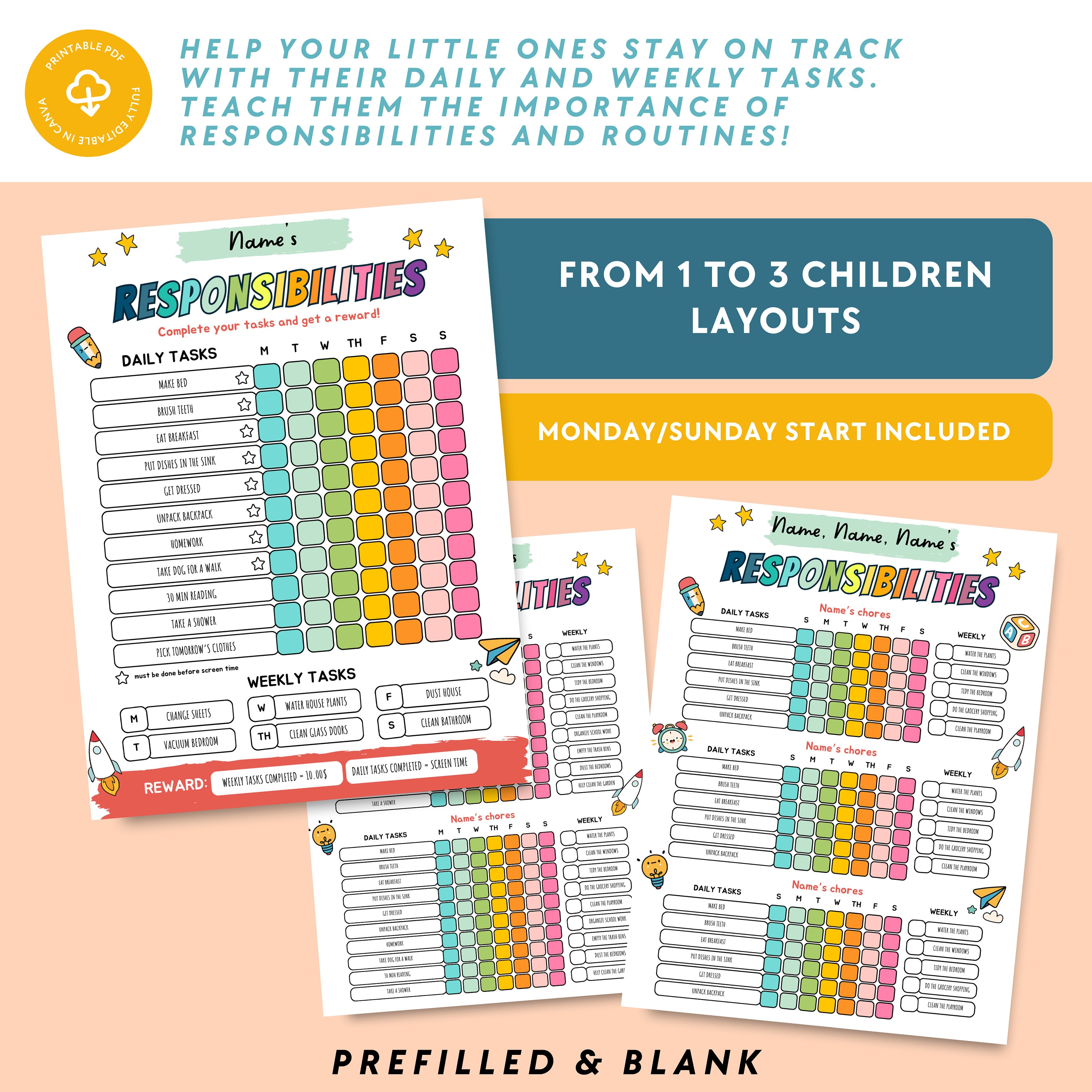 Editable Kids Chore Chart Multiple Kids Chore Chart - Etsy