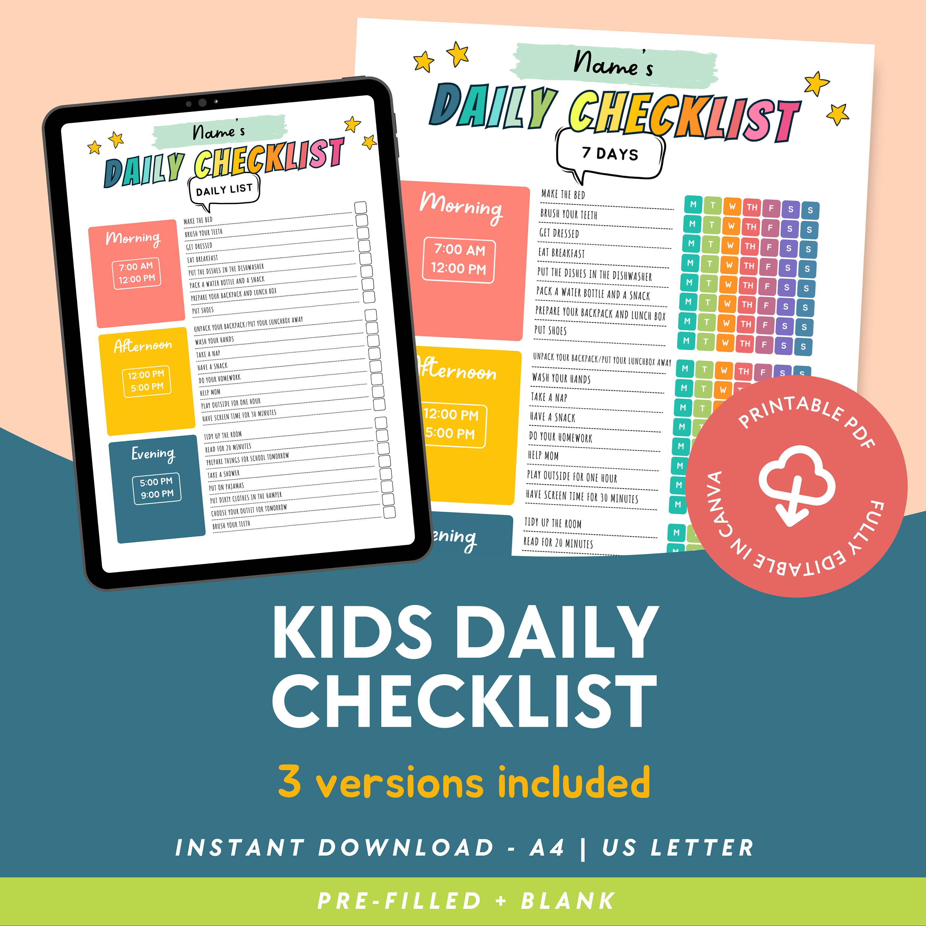 Editable Kids Daily Routine Printable Daily Checklist for - Etsy