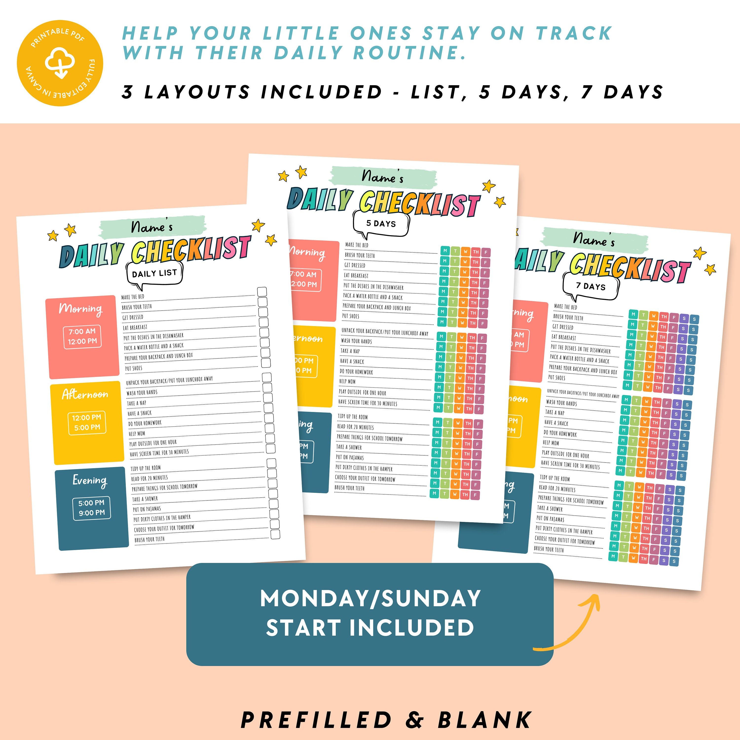 Editable Kids Daily Routine Printable Daily Checklist for - Etsy