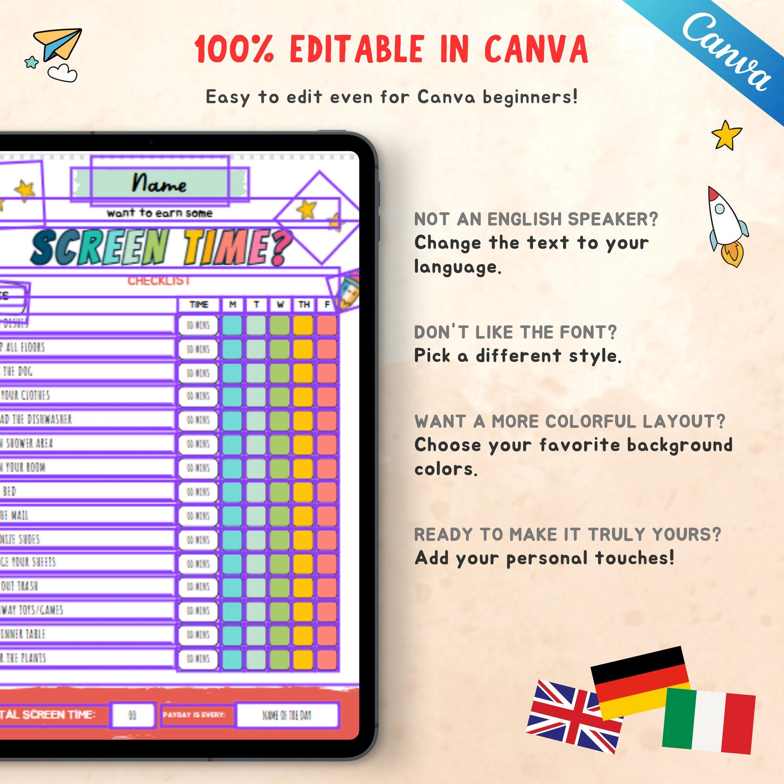 Editable Screen Time Chart With Reward Bucks, Printable Kids Screen ...