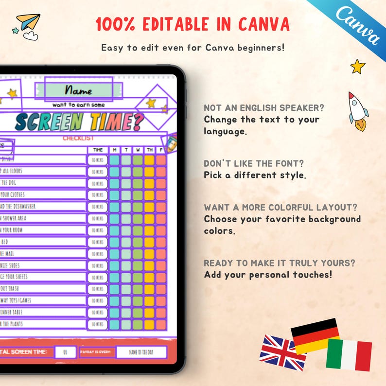 Editable Screen Time Chart With Reward Bucks, Printable Kids Screen ...