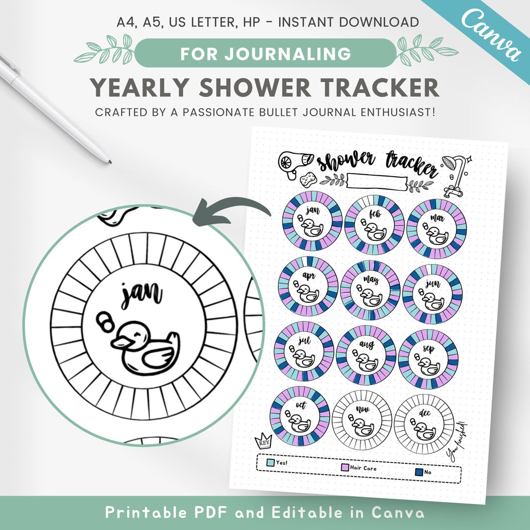 Yearly Shower Tracker, Daily Hygiene Tracker, Printable Planner Page ...