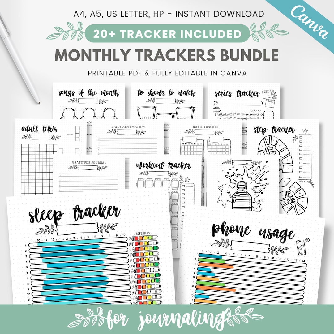 Printable Monthly Trackers Bundle, Premade Bullet Journal Trackers ...