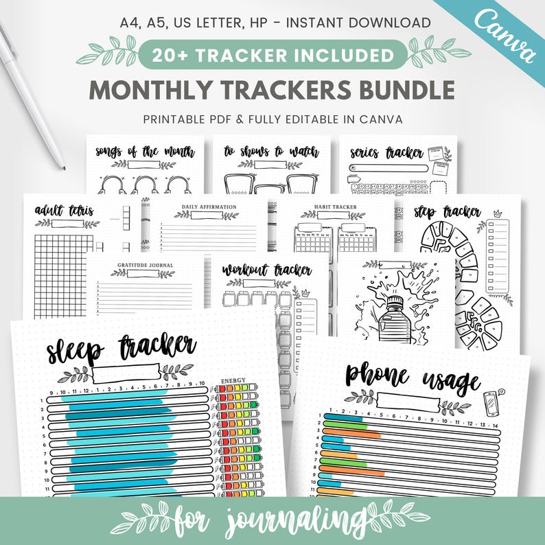 Printable Monthly Trackers Bundle, Premade Bullet Journal Trackers ...