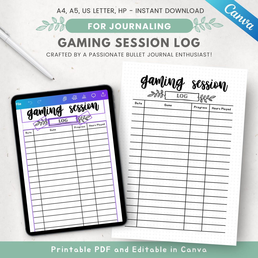 Gaming Session Log, Video Games Tracker, Premade Journal Page ...