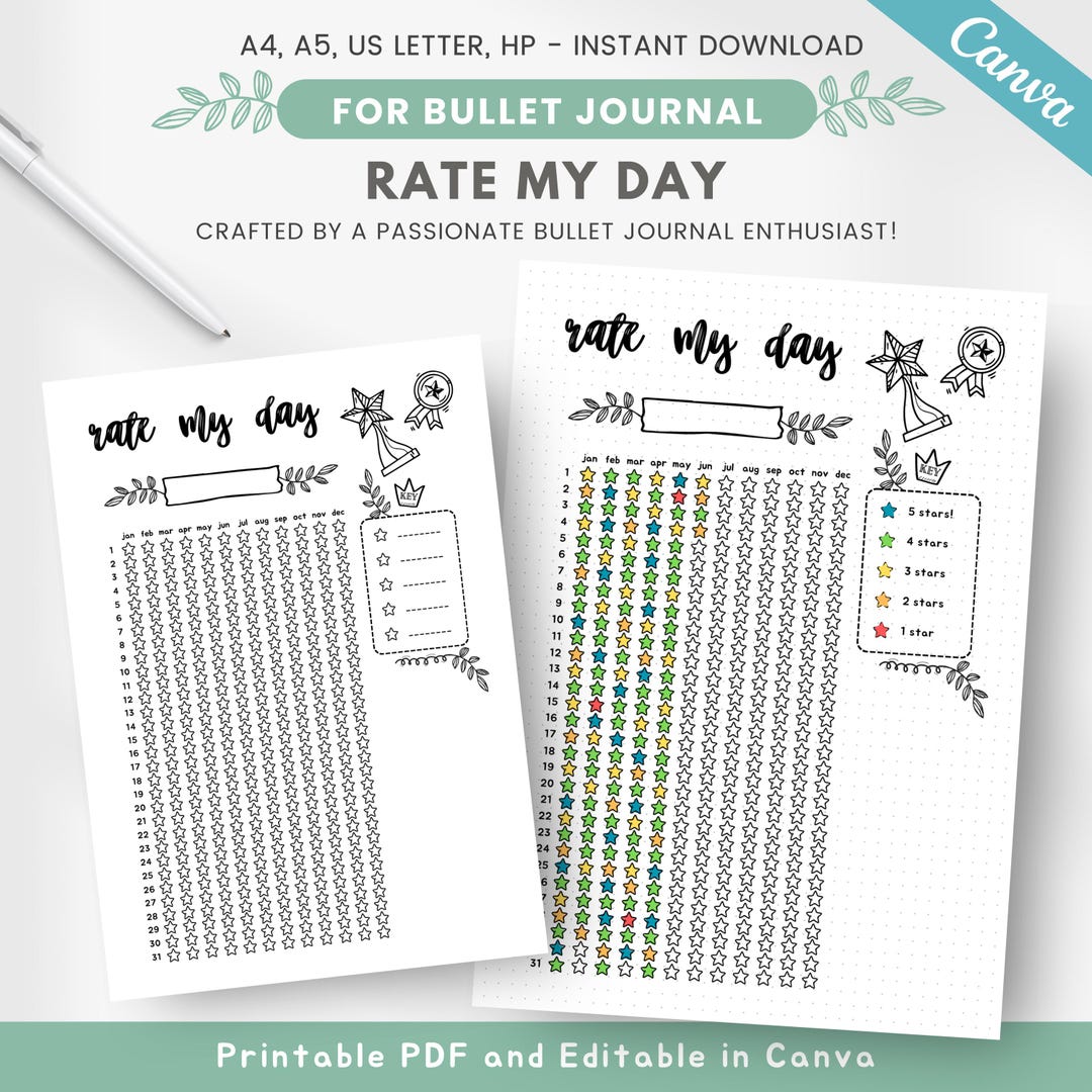 Printable Rate My Day Journal Page, My Year in Pixels, Daily Rating Log ...