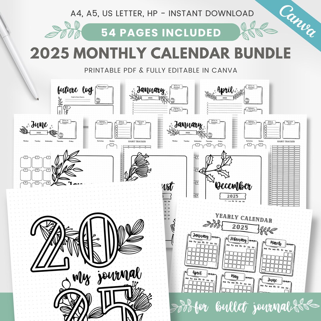 Bullet Journal 2025 Calendar Bundle, 2025 Monthly Planner Spread, 2025 ...
