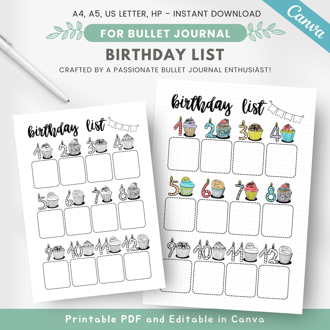 Printable Birthday Tracker, Premade Birthday Calendar Page for Bullet ...