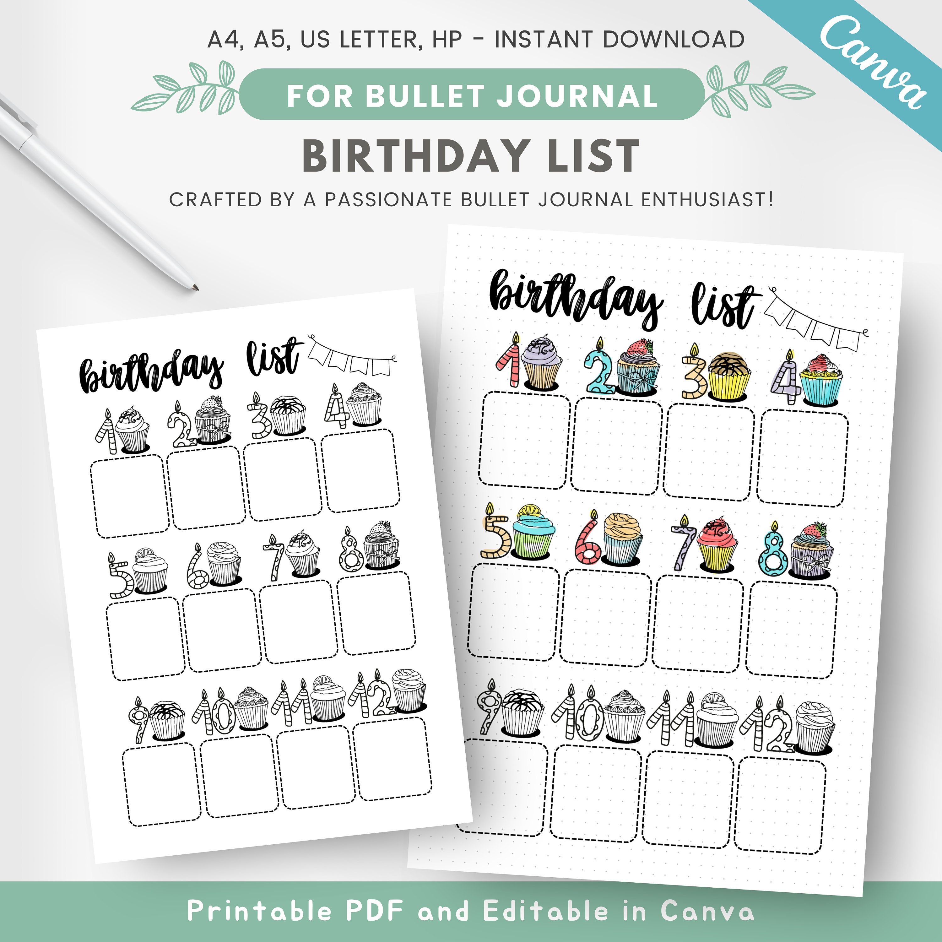 Printable Birthday Tracker, Premade Birthday Calendar Page for Bullet ...