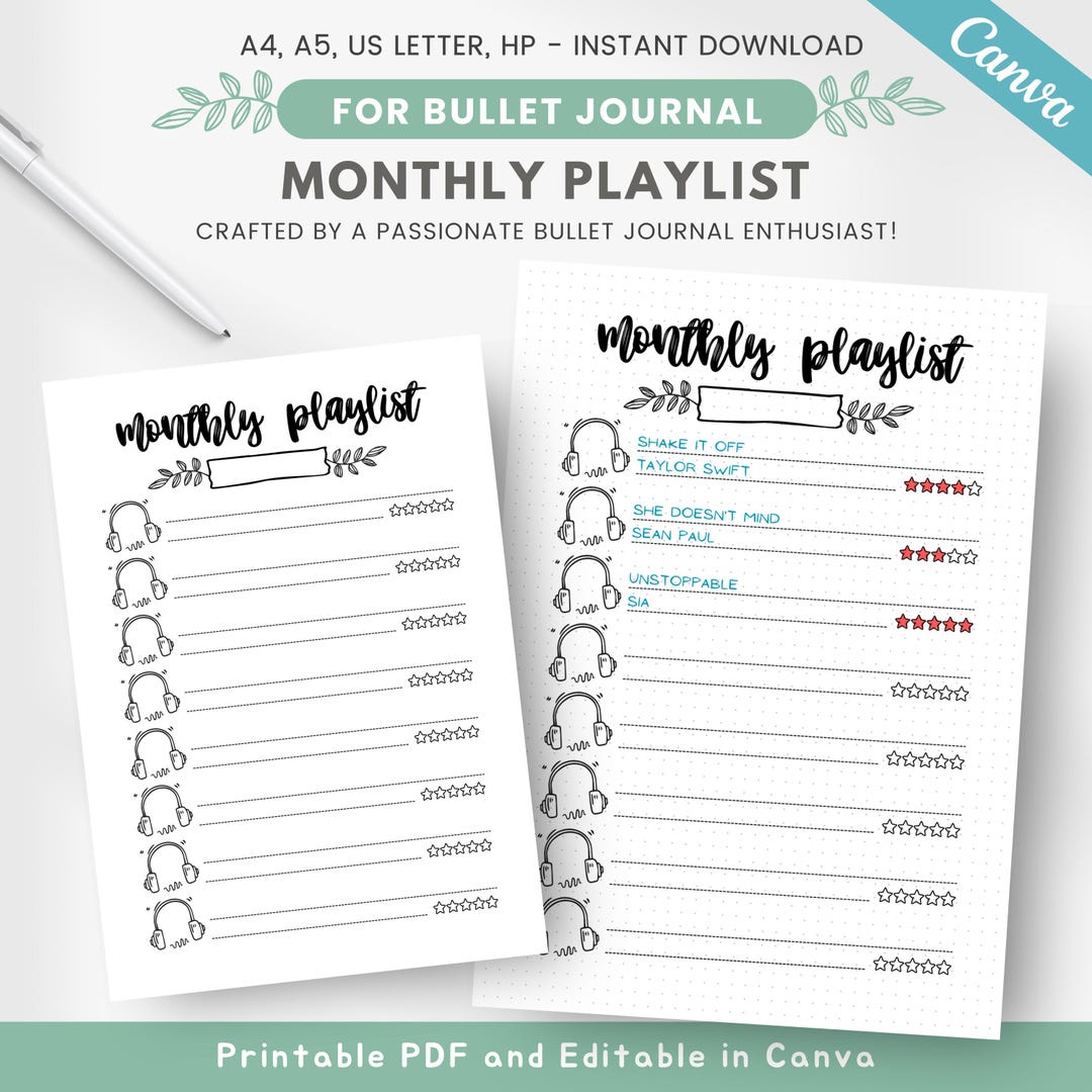 Monthly Songs Tracker, Songs of the Month, Printable Music Playlist ...