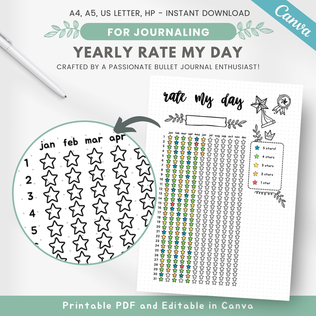 Printable Rate My Day Journal Page, My Year in Pixels, Daily Rating Log ...