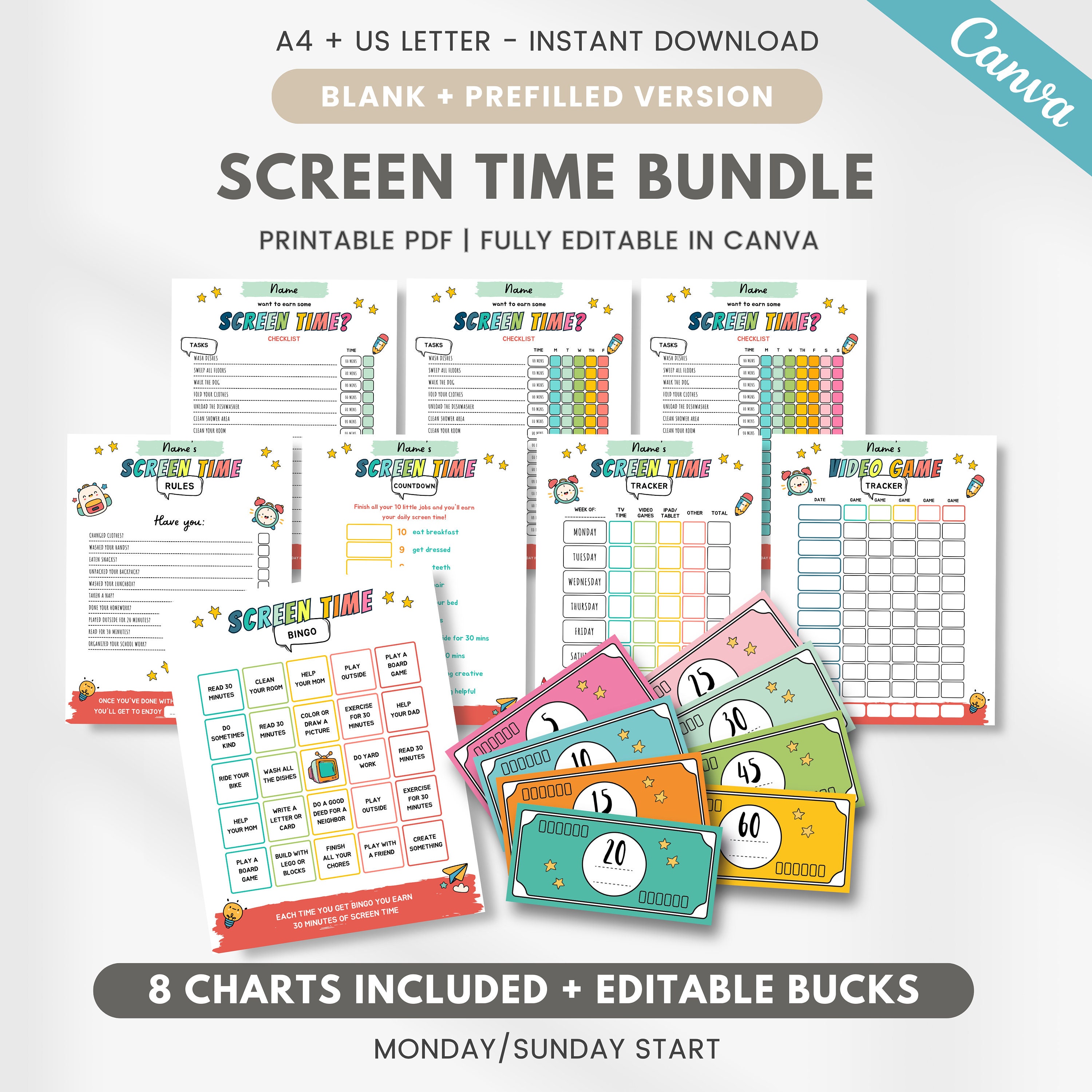 Editable Screen Time Chart With Reward Bucks, Printable Kids Screen ...
