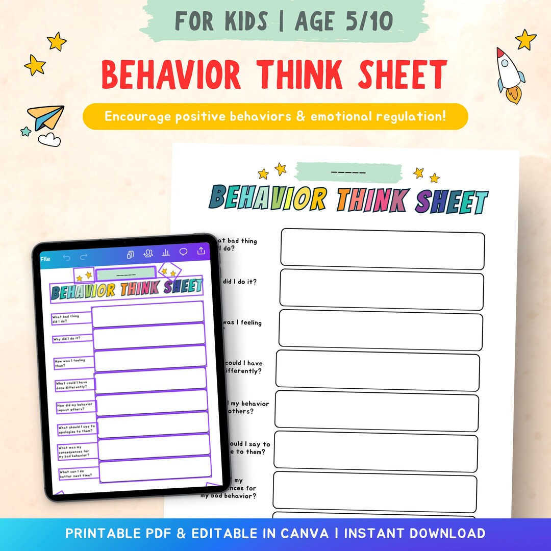 Behavior Think Sheet for Kids, PRINTABLE & EDITABLE Behavior Chart ...