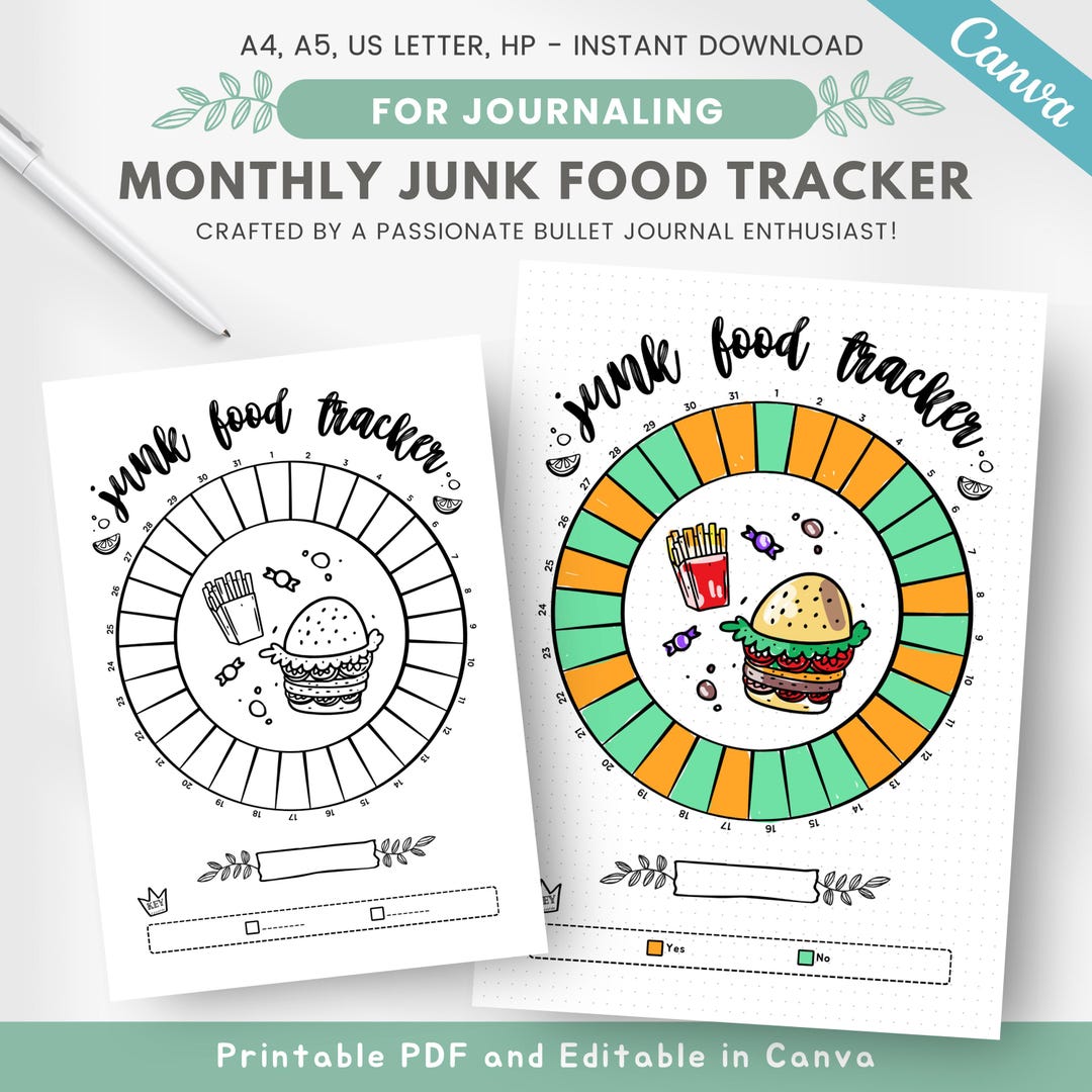 Monthly Junk Food Tracker, Fast Food Tracker, Takeout Tracker ...