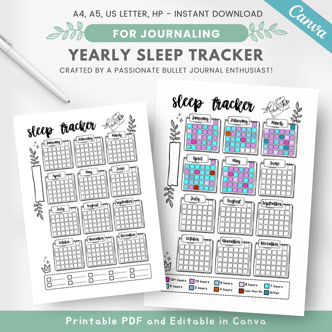 Yearly Sleep Tracker, Printable Sleep Log, Sleep Routine, Sleep Diary ...