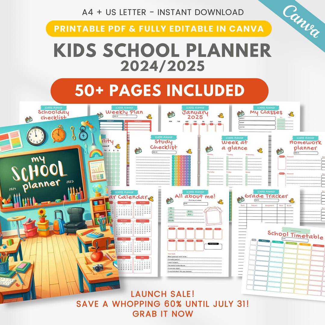 Editable Kids School Planner 2024 2025, Printable Student Planner for ...