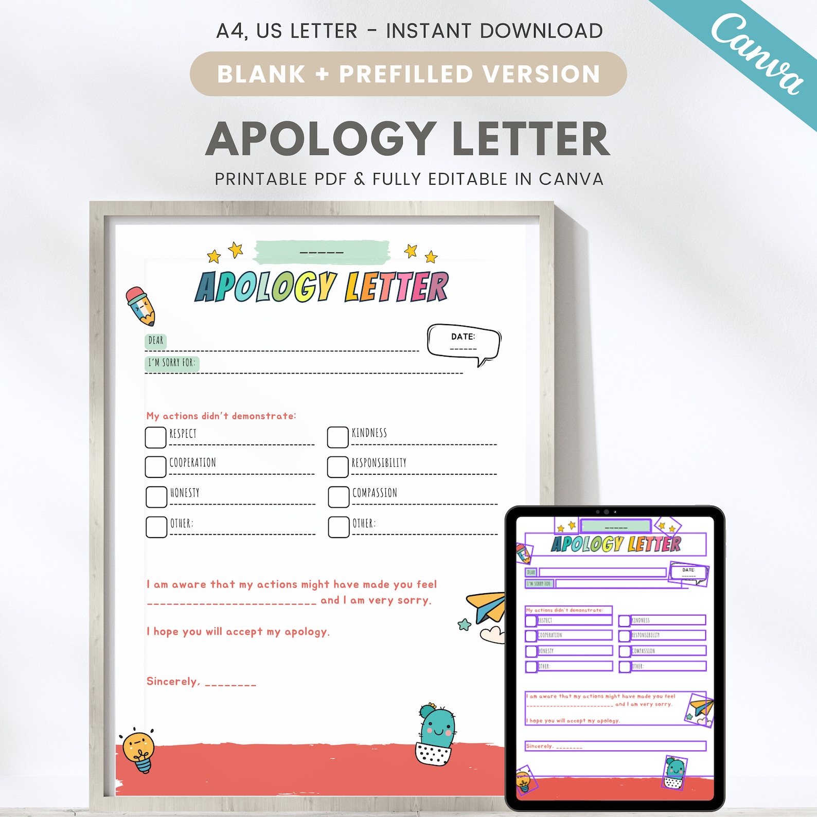 Editable Kids Apology Letter, I'm Sorry Letter, Apology for Bad ...
