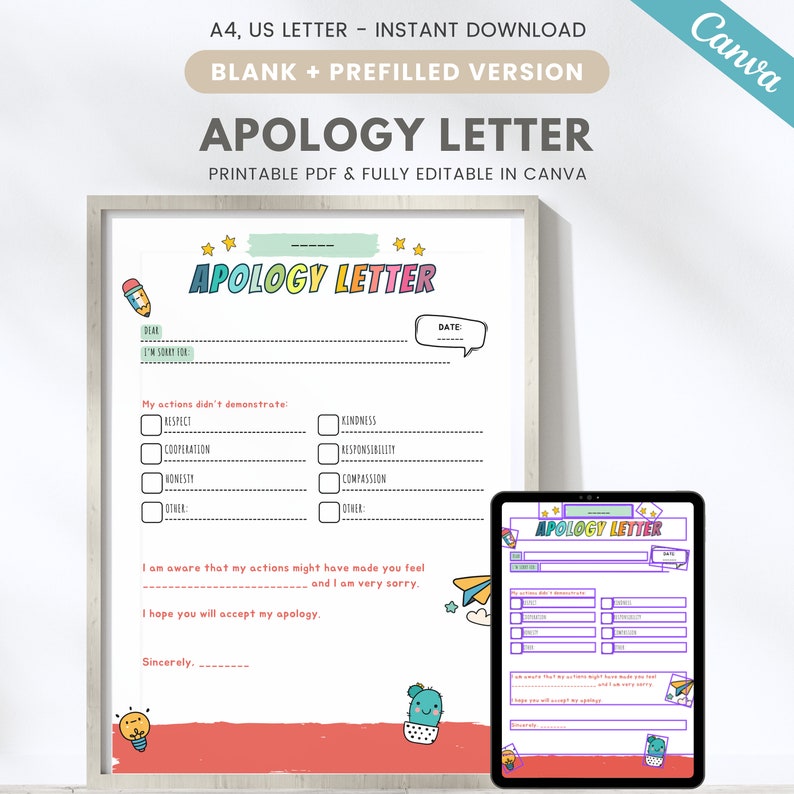 Editable Kids Apology Letter, I'm Sorry Letter, Apology for Bad ...