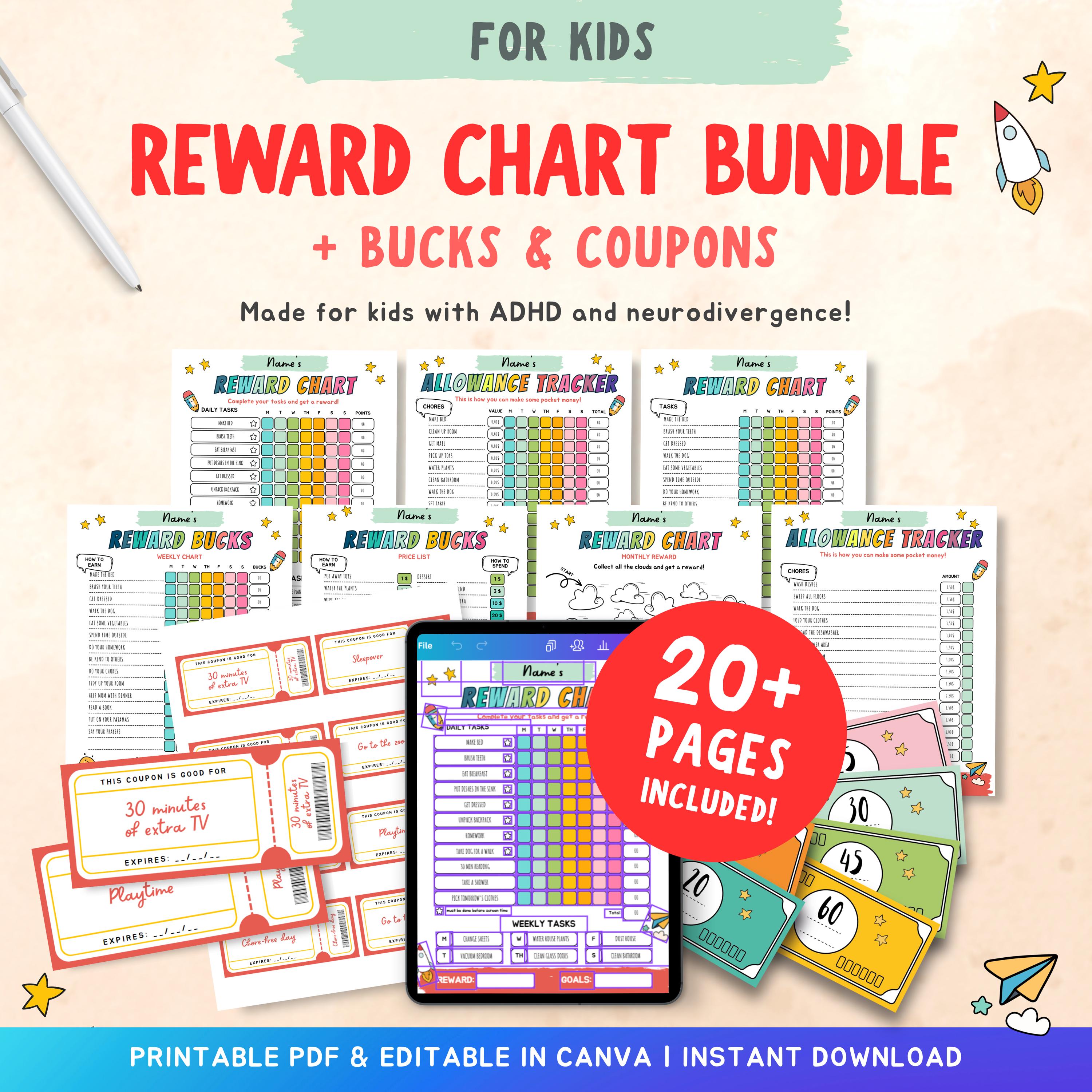 Editable Reward Bucks & Reward Chart for Kids, Printable Reward Coupons ...