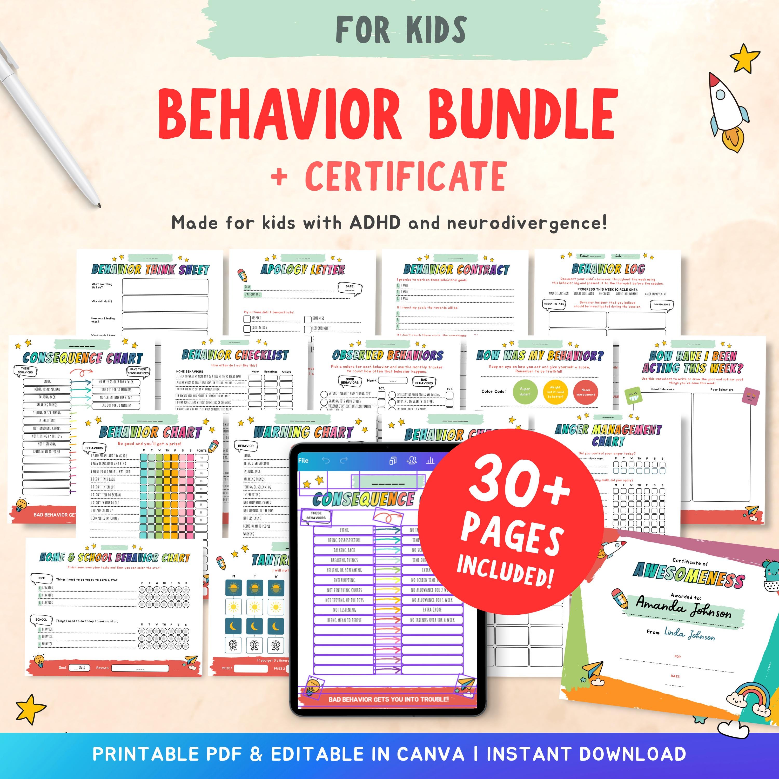 Editable Kids Behavior Chart Bundle, Toddler Behavior Tracker, Visual ...