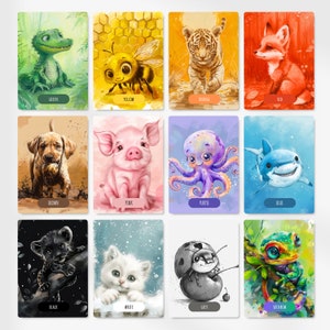 12 Colors Learning Cards With Animals, Editable Montessori Flashcard ...