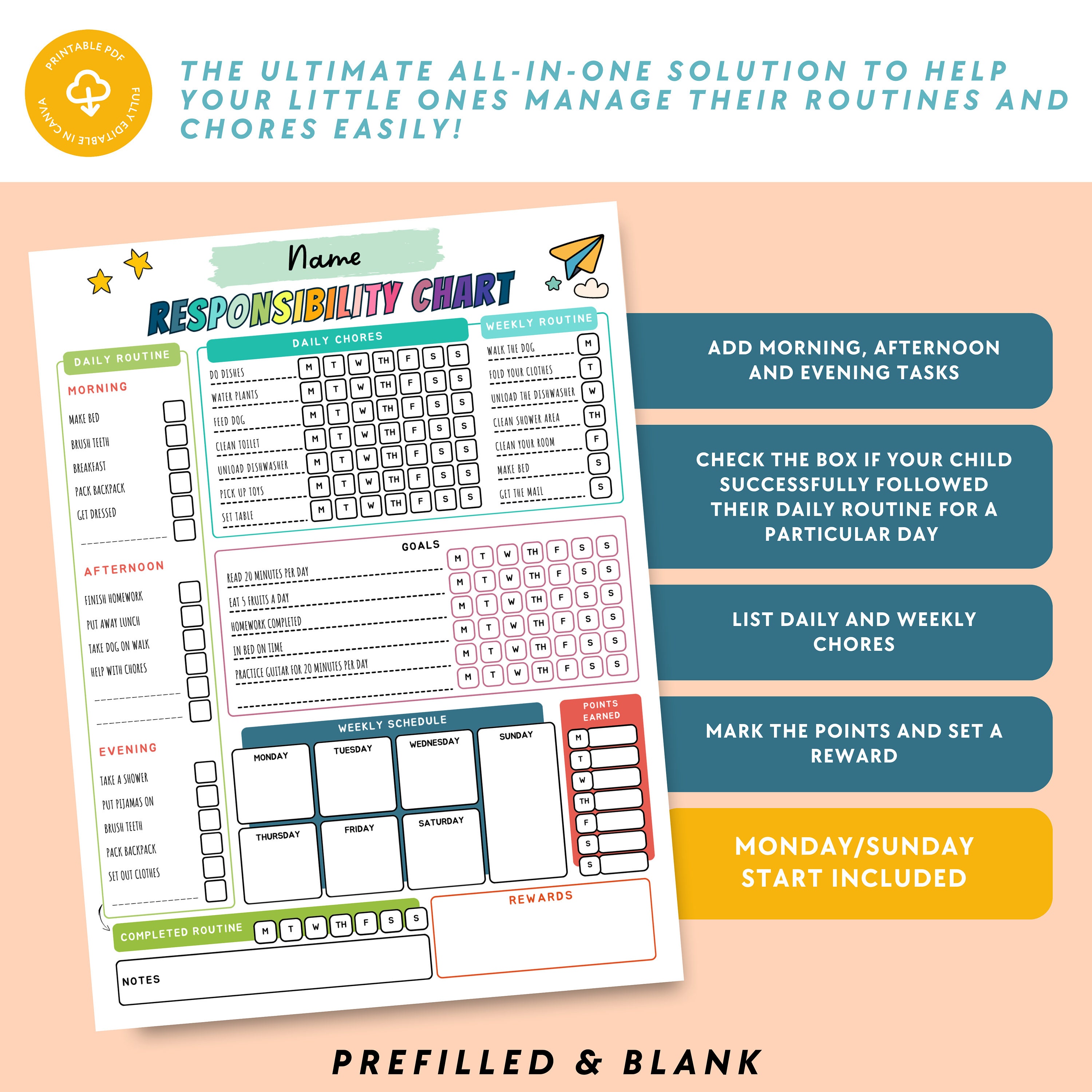 Editable ADHD Chore Chart for Kids Printable Responsibility - Etsy ...