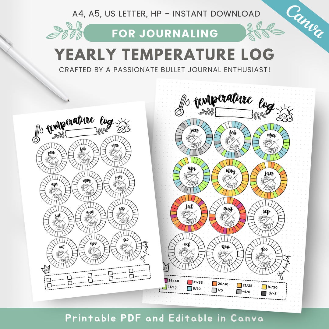 Yearly Temperature Tracker, Temperature Log, Climate Pattern, Printable ...