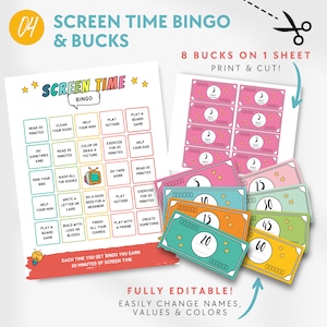 Editable Screen Time Chart With Reward Bucks, Printable Kids Screen ...