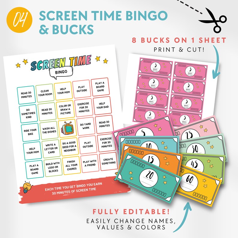 Editable Screen Time Chart With Reward Bucks, Printable Kids Screen Time Checklist, Family ...