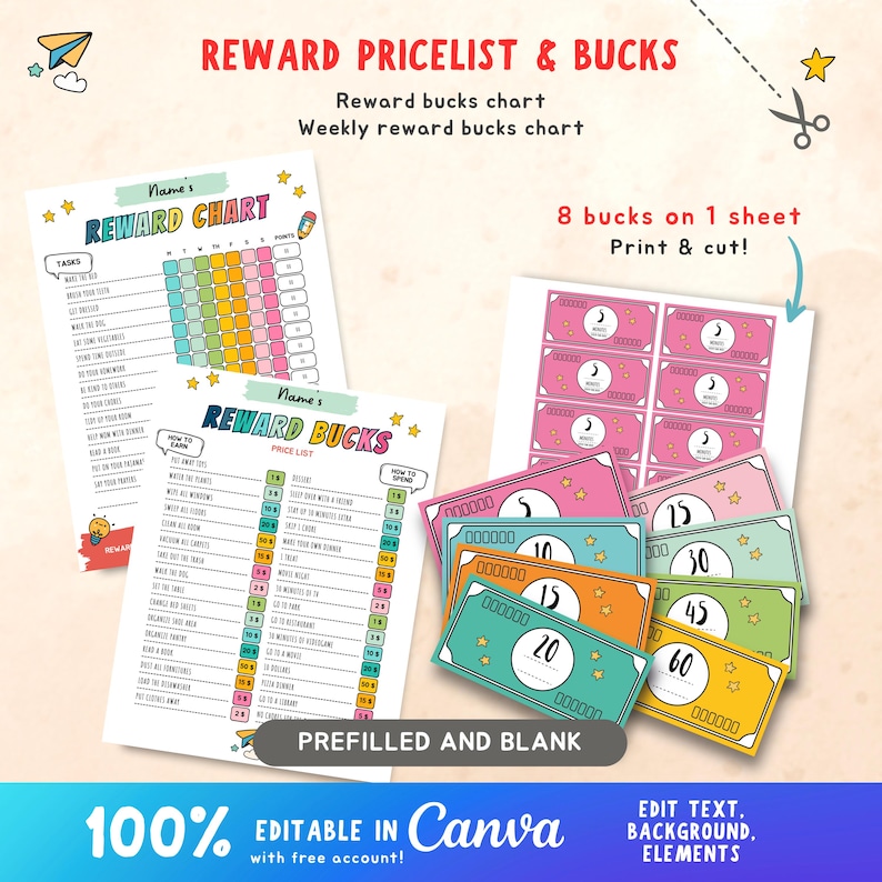 Editable Reward Bucks & Reward Chart for Kids, Printable Reward Coupons ...