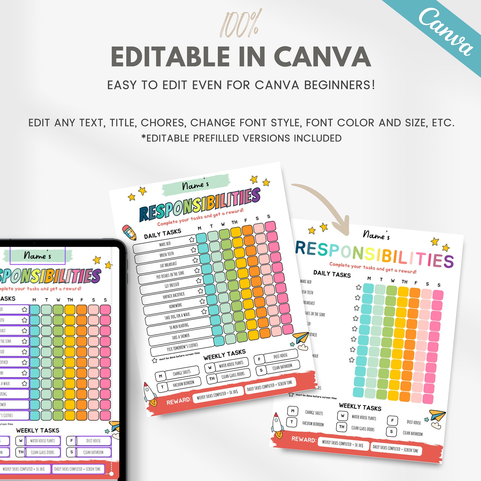 Editable Kids Chore Chart, Multiple Kids Chore Chart, Printable ...