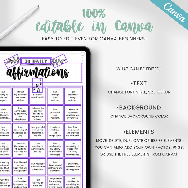 30 Daily Affirmation, 30 Positive Affirmation, Printable Daily ...