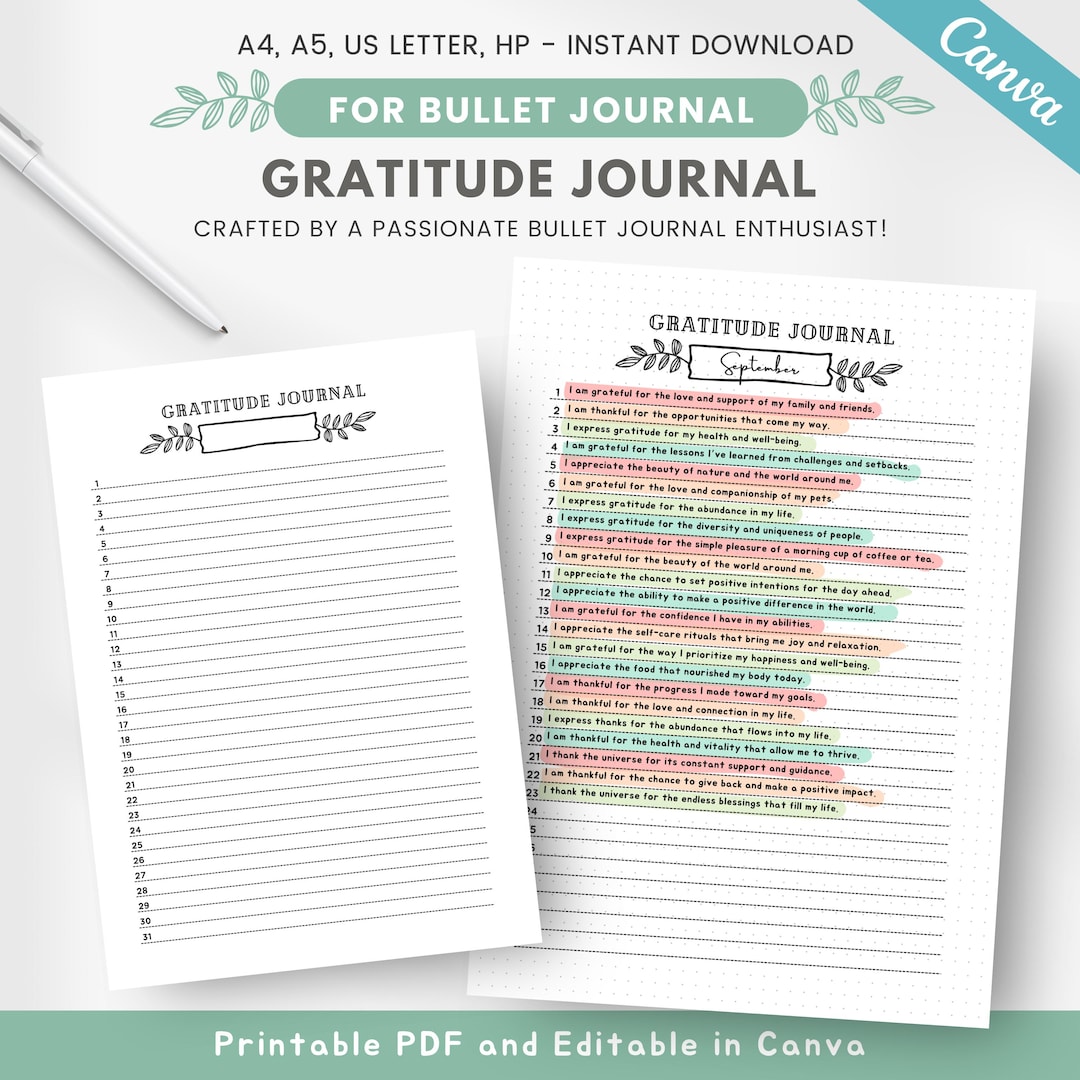 Printable Gratitude Journal, Premade Monthly Gratitude Bullet Journal ...