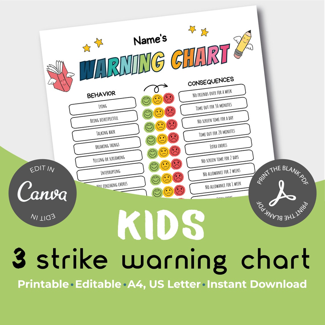 Editable Behavior Chart for Kids 3 Strikes Warning Chart - Etsy