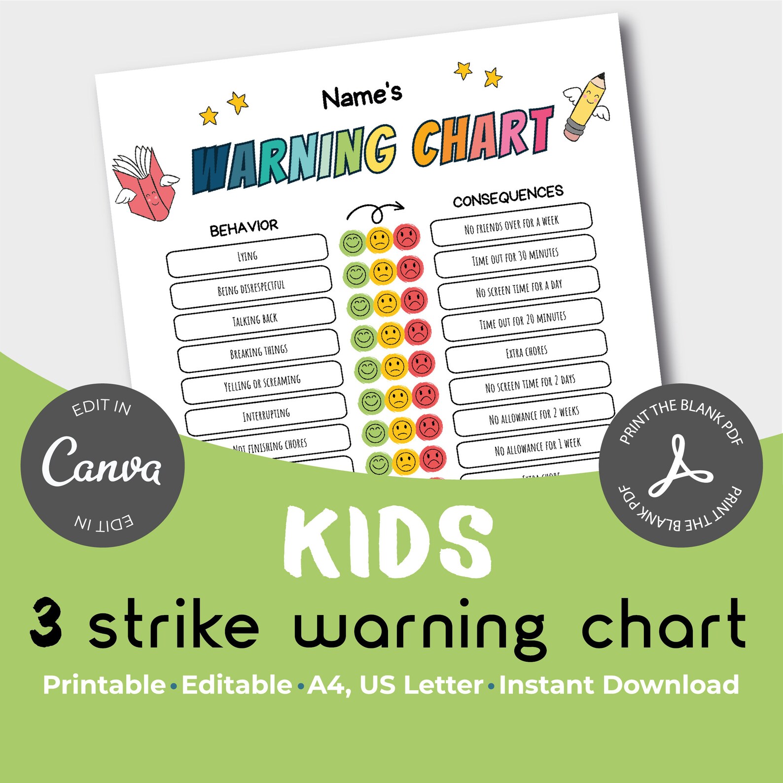 Editable Behavior Chart for Kids 3 Strikes Warning Chart - Etsy