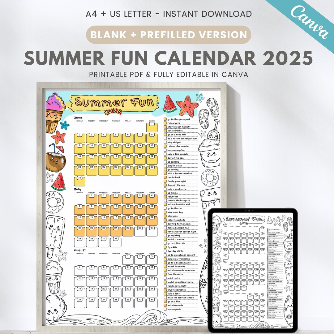 Editable Summer Calendar Poster, Family Bucket List, Kids Summer ...