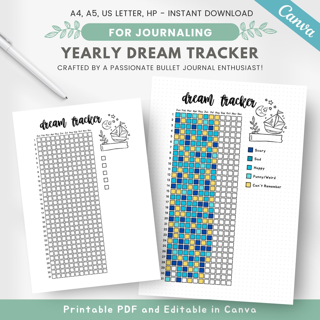 Dream Tracker Yearly, Dream Log, Printable Planner Insert, Dream ...