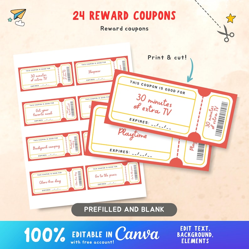 Editable Reward Bucks & Reward Chart for Kids, Printable Reward Coupons ...