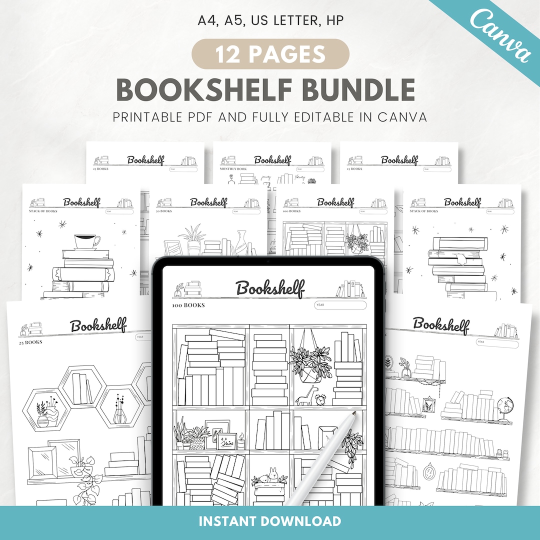 Editable Reading Tracker, Printable Bookshelf Bundle, 50 & 100 Books ...