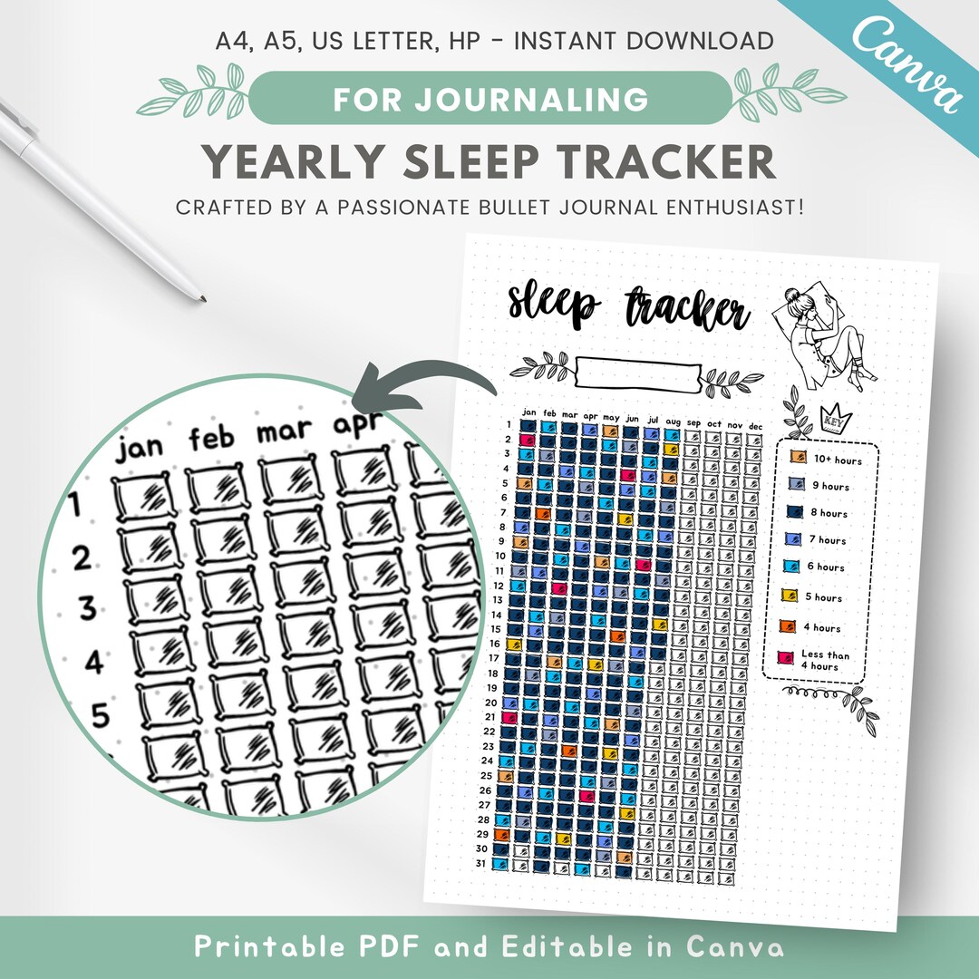 Yearly Sleep Tracker, Printable Sleep Log Journal Page, Monitor Sleep ...