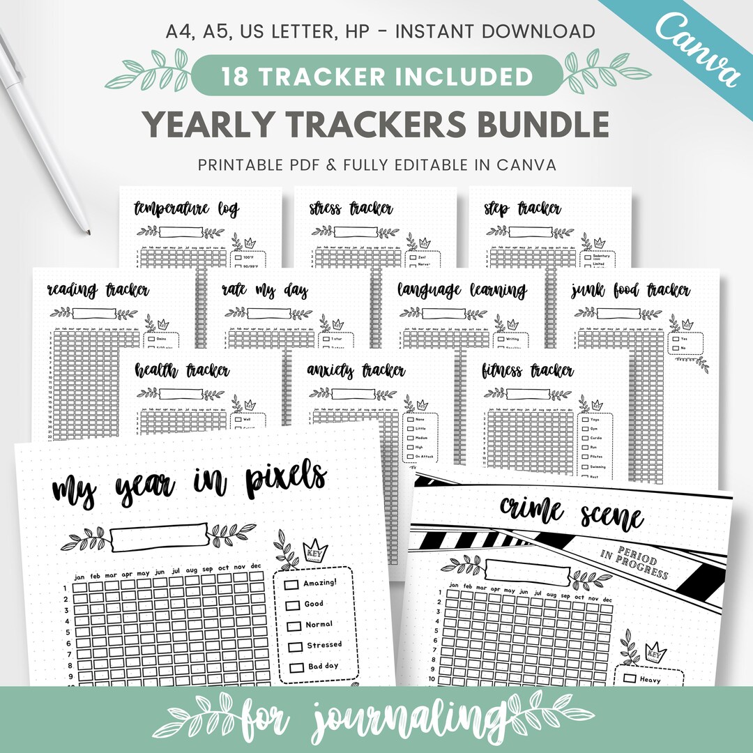 Printable Yearly Tracker Bundle, Premade Bullet Journal Trackers, Year ...
