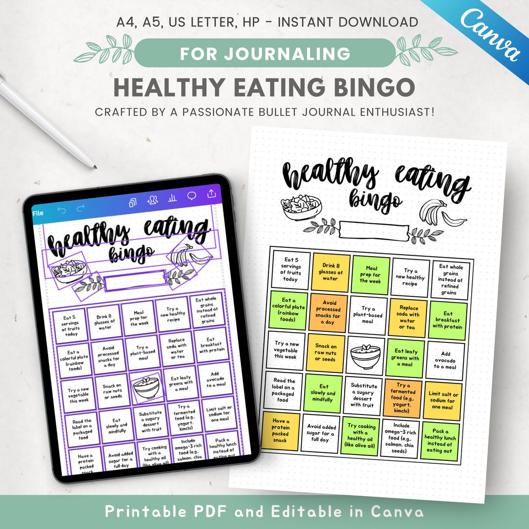 Healthy Eating Bingo Card, Printable Food Game (PDF & Canva Editable ...