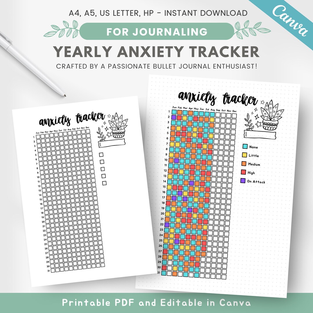 Anxiety Tracker Yearly, Printable Journal Page, Mental Health Tracker ...