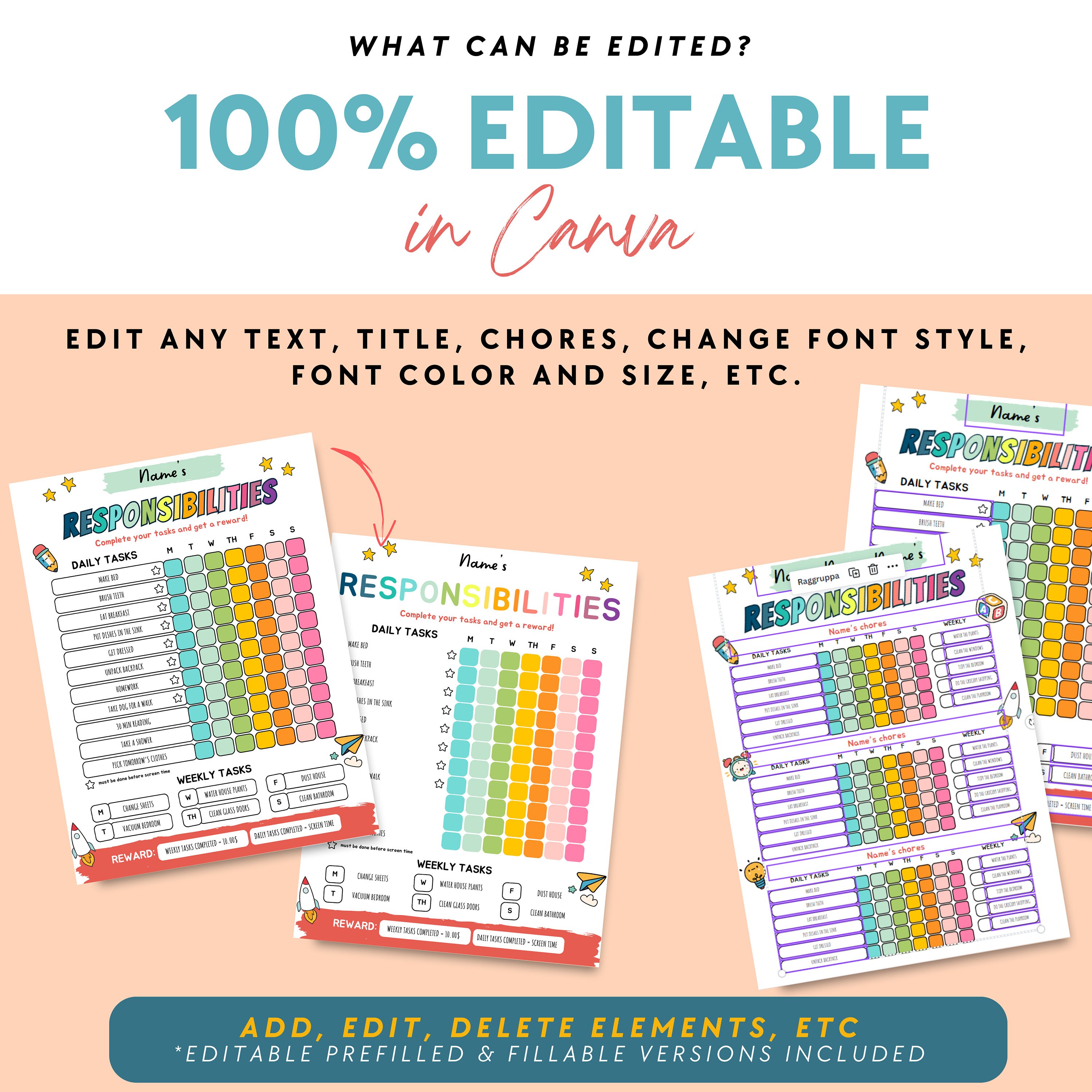 Editable Kids Chore Chart Multiple Kids Chore Chart - Etsy