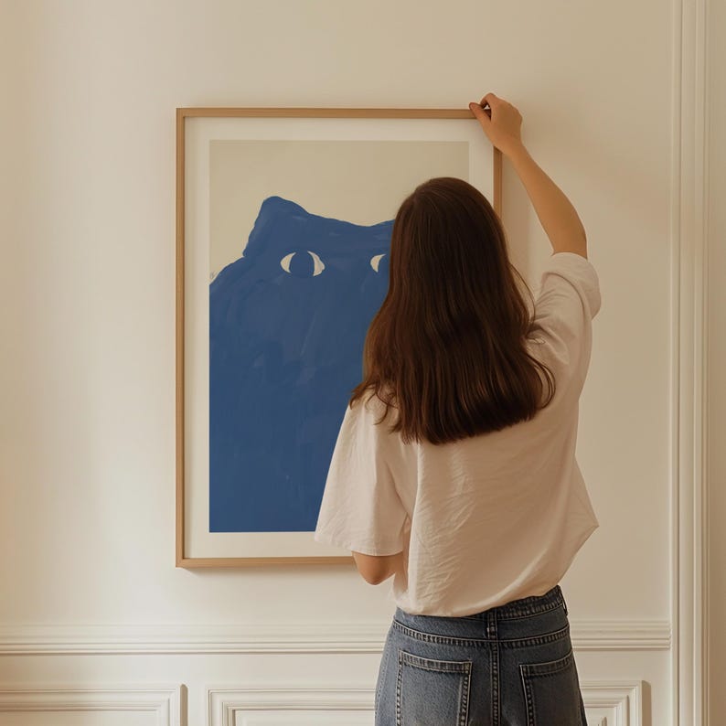 The Big Blue Cat, Quirky Animal Sketch, Abstract Fine Art Print, Unique ...
