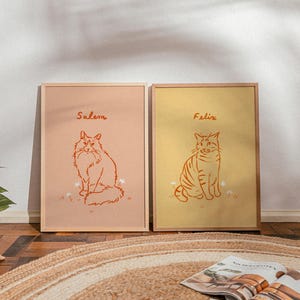 Custom Cat Drawing, Cottagecore Pet Portrait, Digital Cat Outline ...